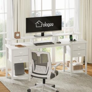 Furologee 61 Inch Desk with 4 Drawers, Computer Desk with Power Outlets and LED Lights, Office Desk with Long Monitor Stand, Large Gaming Desk with Shelf for Home Office/Bedroom/White