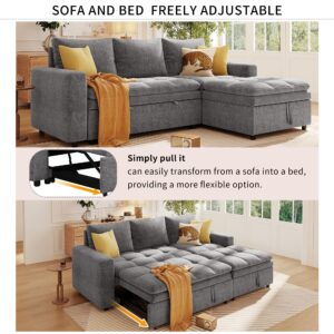 LUMISOL 82" Convertible Sleeper Sofa with Pull Out Bed, Modern L-Shaped Sectional Sofa with Storage Chaise, Chenille Modular Sofa Pull Out Couch Bed for Living Room, Small Apartment (Grey)