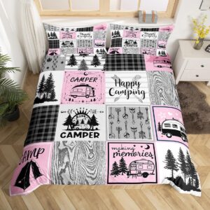 erosebridal girls pink camper bedding set twin happy camping comforter cover,rv decor for inside,camper accessories for travel trailers duvet cover,black grey buffalo plaid pine tree quilt cover