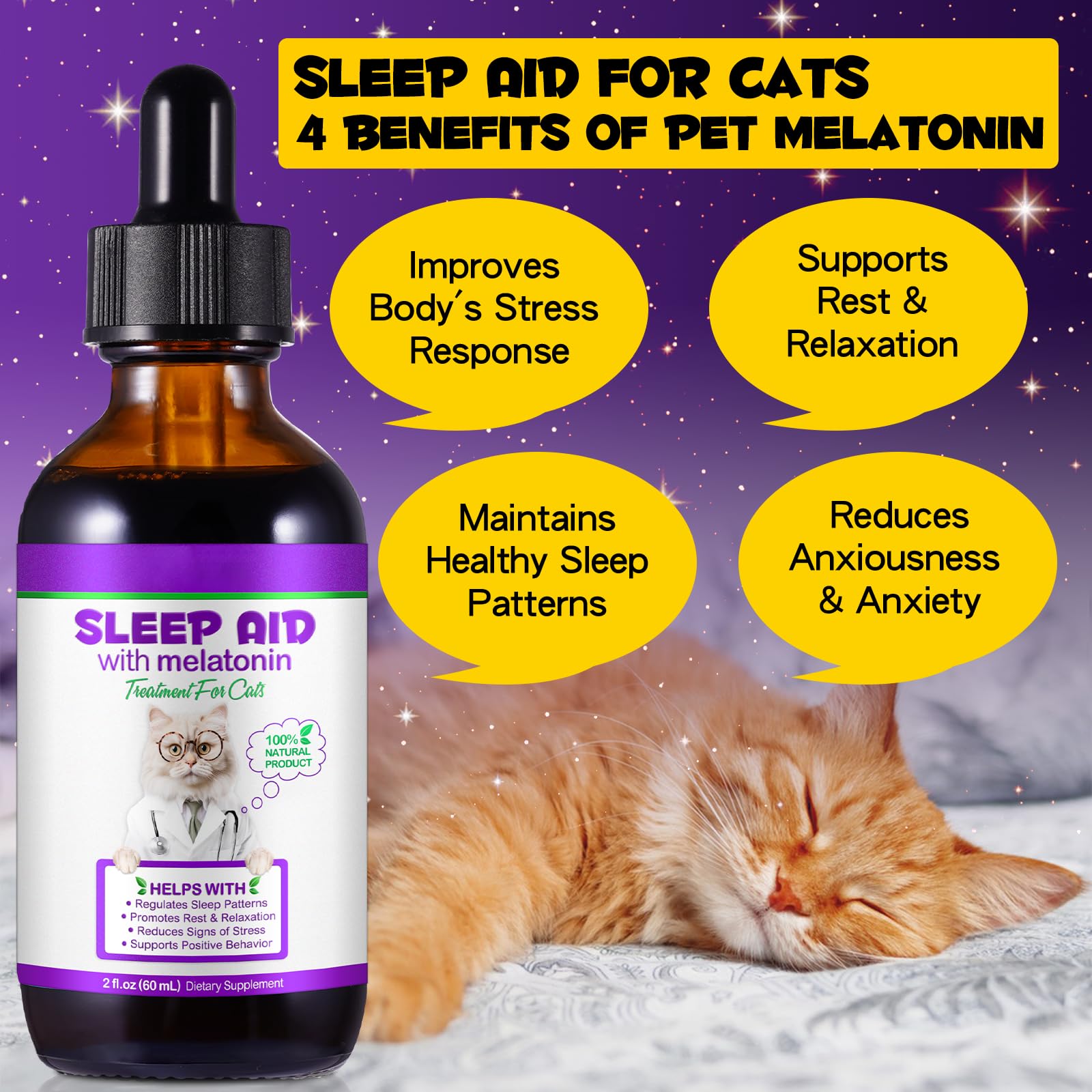 Cat Melatonin, 60ml Melatonin for Cats Helps to Support Restful Sleep for Your Cat - Cat Sleep Aid, Anxiety Relief & Promote Relaxation Bacon Flavor