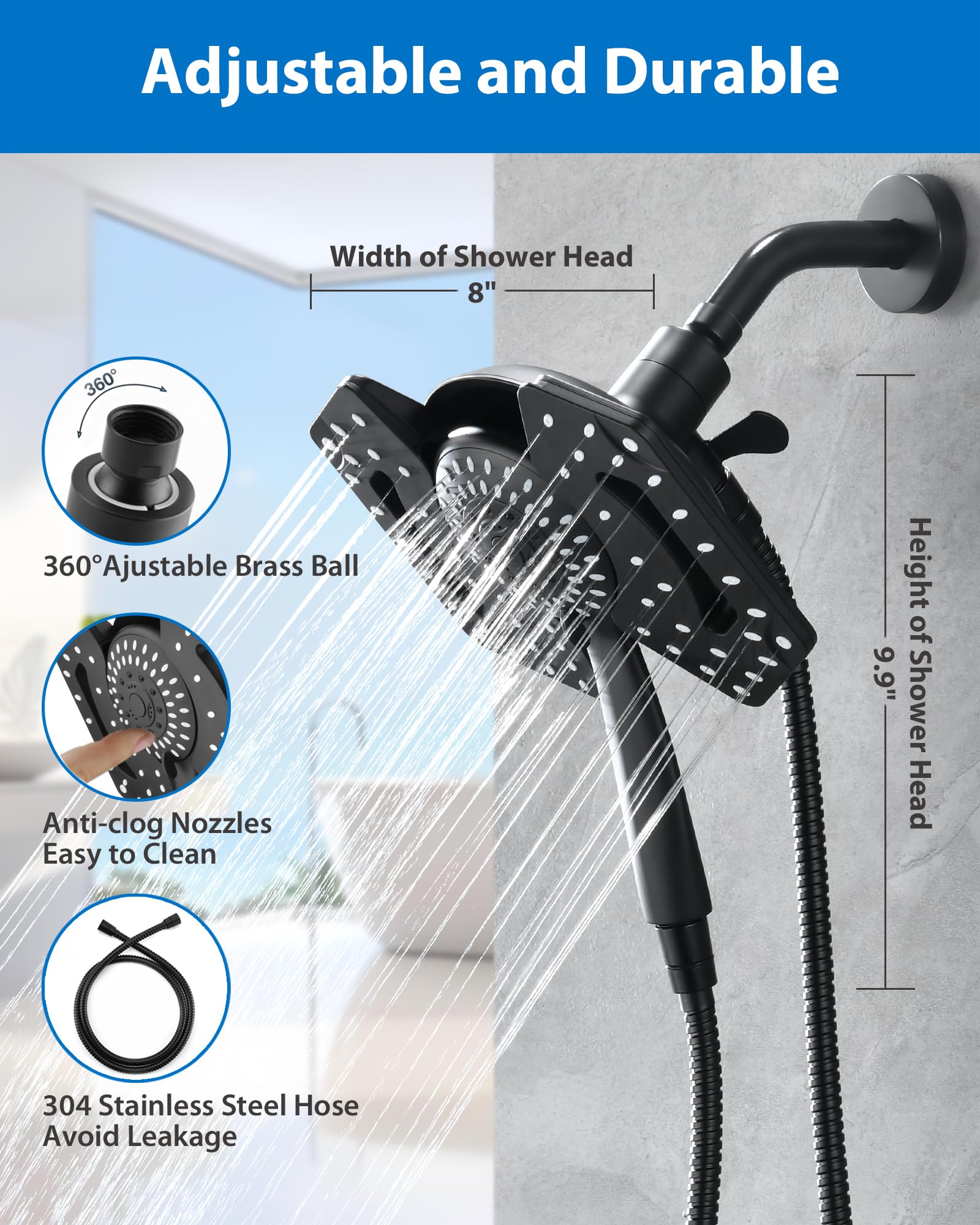 Black Shower Head with Handheld: 2-in-1 Shower Head High Pressure with Rainfall Shower Head Handheld Shower head Detachable Shower Head with Hose, 2.5GPM Double Shower Head Dual Shower Head Cambo