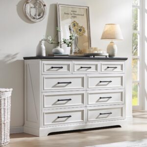 accohoho farmhouse 9 drawer dresser for bedroom, 36 inch tall modern dresser tv stand with large drawers & bar handles, rustic wood chest of drawers for bedroom, living room, hallway, off white