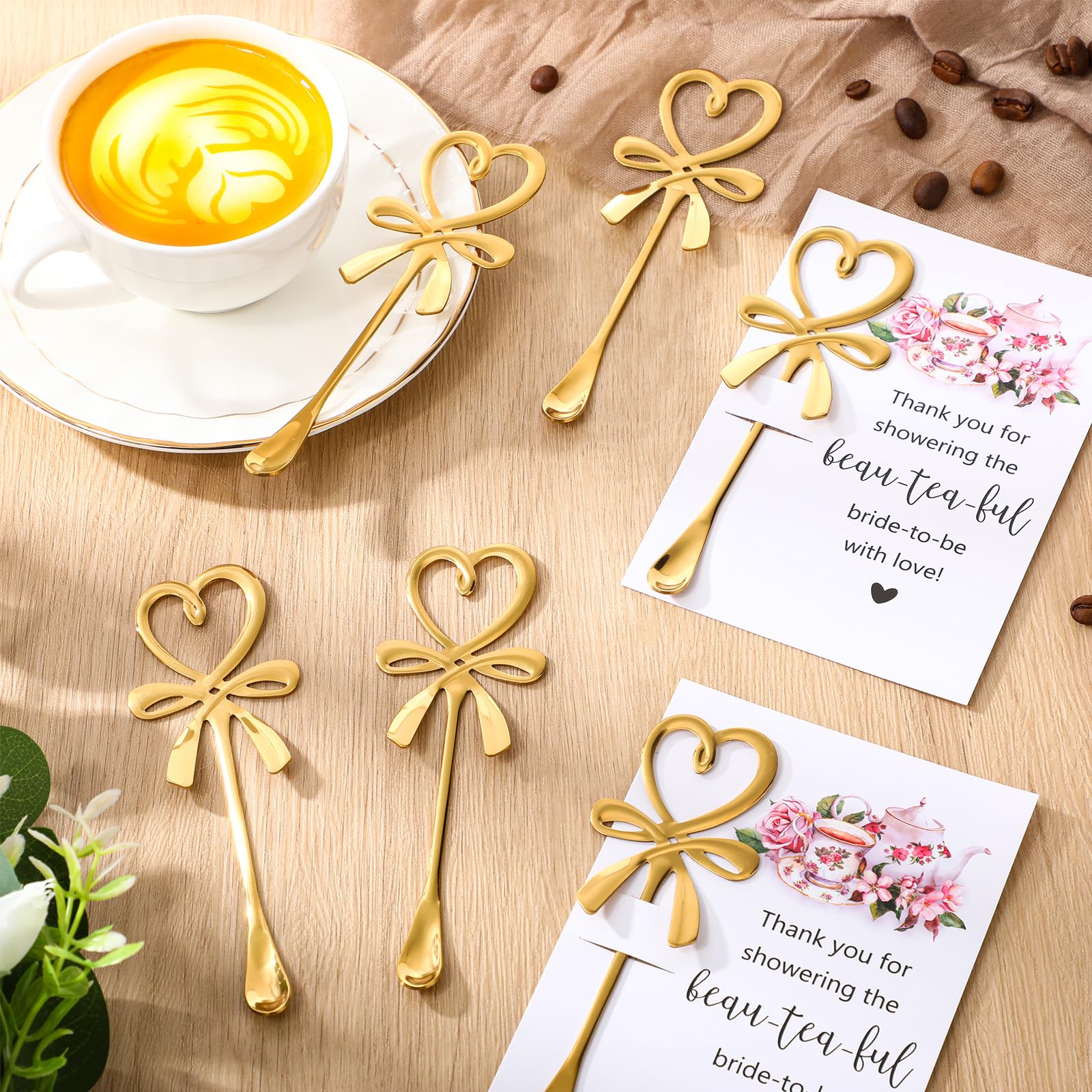 Skybooly 25 Sets Bridal Shower Tea Party Favors for Guests Mini Coffee Spoons Small Tea Spoons Heart Spoon Love Spoon with Bow with Thank You Cards Wedding Souvenirs Tea Party Supplies