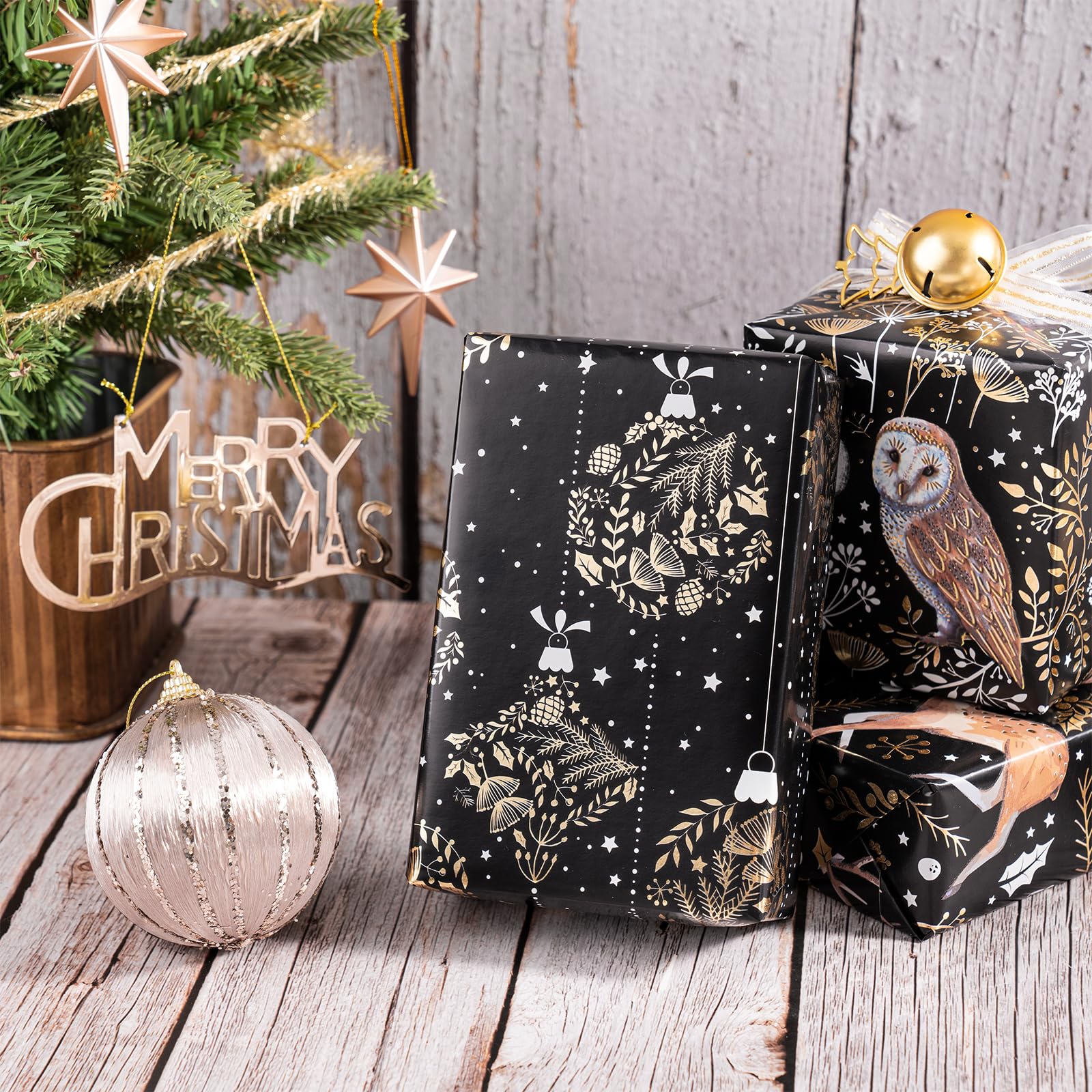 RUSPEPA Christmas Wrapping Paper Roll with Metallic Foil Shine - Mini Roll - 17 inches x 10 feet per Roll, Total of 3 Rolls - Owl, Reindeer and Christmas Ball