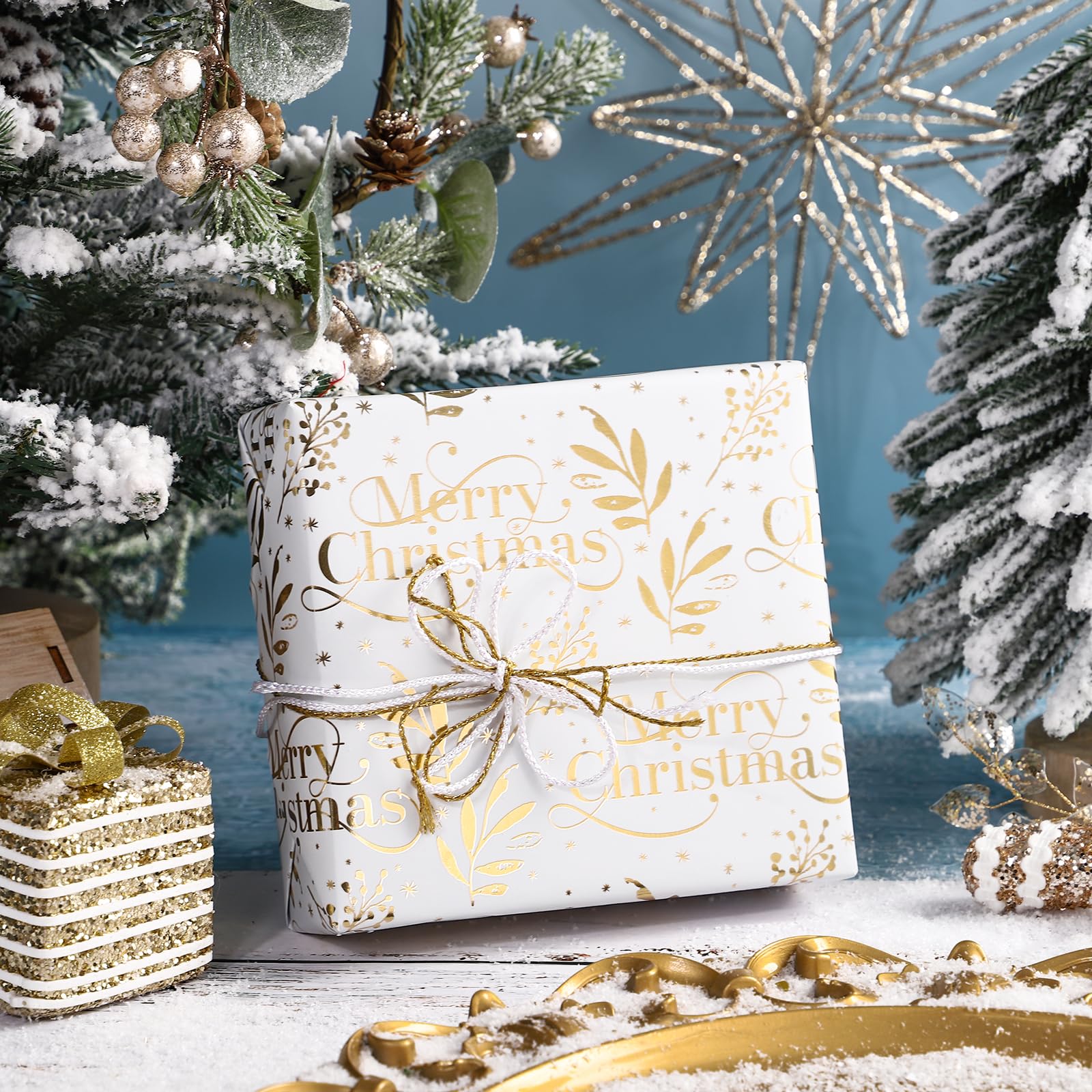 RUSPEPA Christmas Wrapping Paper - Reindeer, Snowflake, Flower and Text Design with Metallic Foil Shine - 4 Rolls - 30 Inches x 10 Feet Per Roll