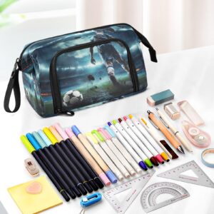 Emelivor Night Soccer Player Pencil Case Large Capacity Pencil Pouch Bag with Compartmens Pen Bag Case with Zipper Stationery Bag Pencil Organizer for School Office Girls Boys Adult College