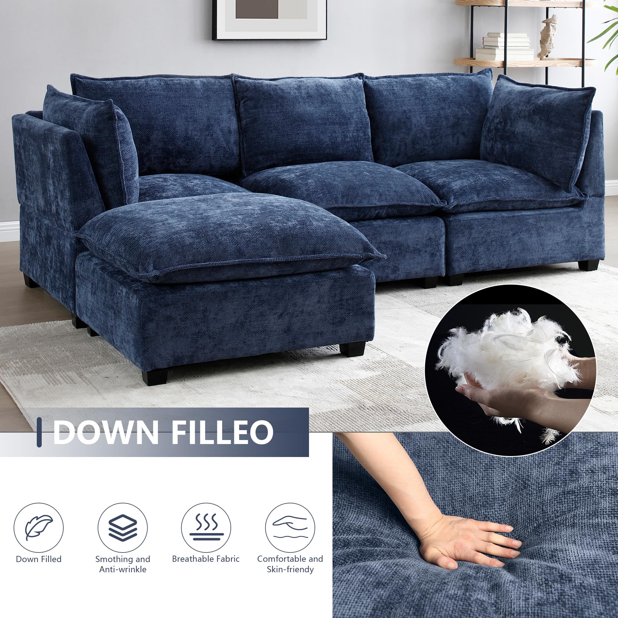 GNIXUU Cloud Modular Sectional Sofa, Convertible Large L-Shape Feather Filled Comfort Sectional Sofa with Ottoman, Linen Deep 4 Seat Couches for Living Room. Washable Cover, Blue