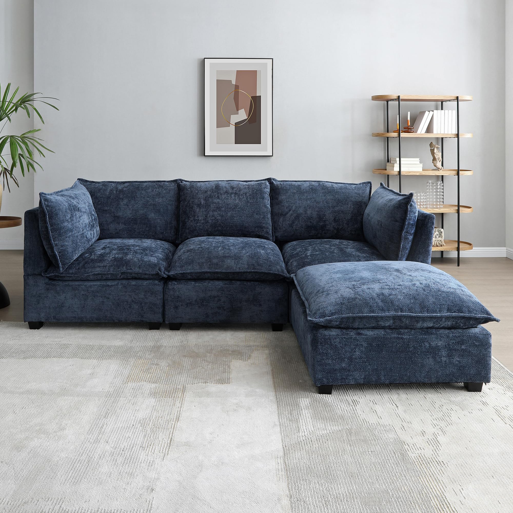 GNIXUU Cloud Modular Sectional Sofa, Convertible Large L-Shape Feather Filled Comfort Sectional Sofa with Ottoman, Linen Deep 4 Seat Couches for Living Room. Washable Cover, Blue