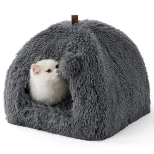 bedsure cat beds for indoor cats - 2 in 1 cat cave for kittens and small pets, cat house tent with removable washable cushioned pillow, cat hideaway with non-slip bottom, plush grey, 16 inches