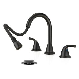 phiestina pull down sprayer matte black 8 inch 3 hole bathroom sink faucet, 2 handles widespread pull out bathroom faucet, with pop up drain and water supply line,bf04008-b11-mb