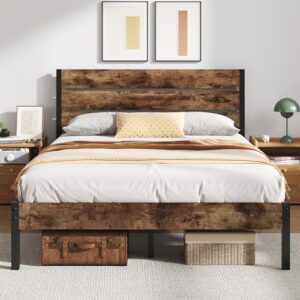 foredawn queen bed frame with headboard and footboard, 14 inch metal platform bed, mattress foundation, no box spring needed, noise free, under bed storage, easy assembly, rustic brown