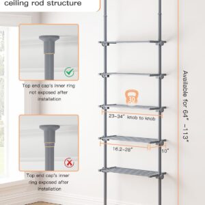 ALLZONE 5-Tier Narrow Bookshelf, Adjustable Width and Height, Tall Ladder Book Shelf with Open Storage,Floor to Ceiling Tension Mount Industrial Bookcase for Living Room,64 to 113Inch Height,Dark Grey