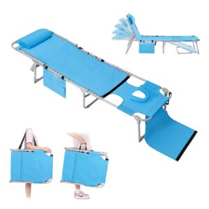 tanning chair for adults with face hole - versatile, folding chaise lounge chair for outside pool, beach, sunbathing and reading on stomach - heavy duty, foldable laying out chair for tanning (blue)