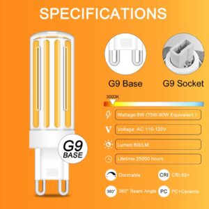 BROLSKUN G9 LED Light Bulbs 8W, Warm White Light, 60W - 80W Halogen Equivalent, Dimmable G9 Bi-Pin Base for Chandelier Lights Bulb Foyer Lights Ceiling Light Bulb (3 Pack)