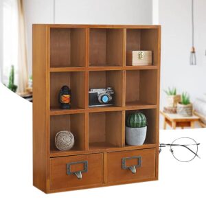 AHULIN 9-Cube Wooden Storage Shelf Organizer with 2 Drawers, Desktop Bookshelf Display Cabinet for Bedroom Aesthetic Cube Storage (Brown)