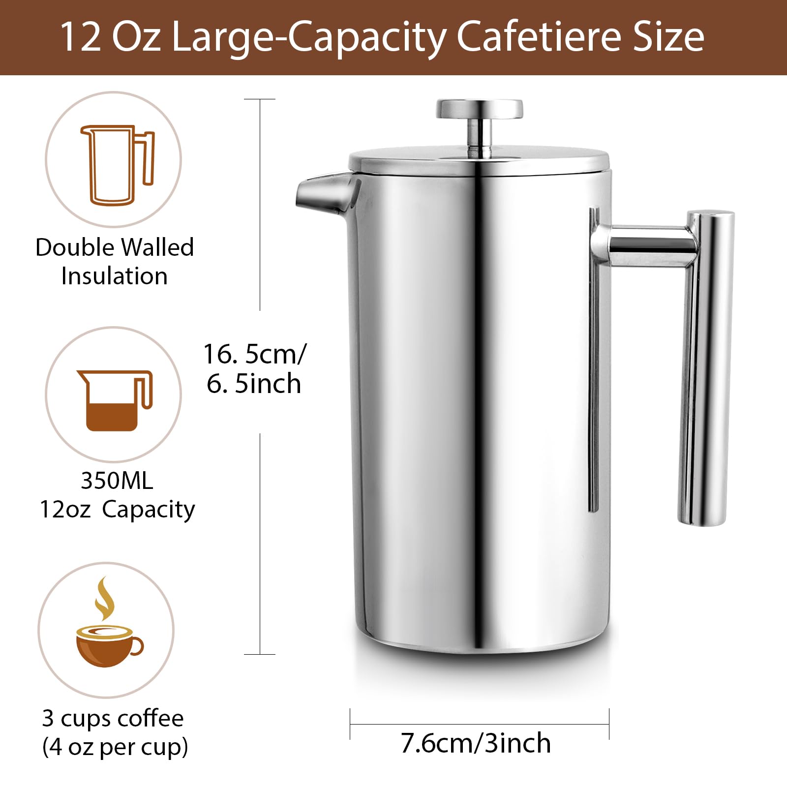 12oz French Press Coffee Maker, 350ml Stainless Steel Double Insulated Cafetiere 3 Cup Espresso Coffee Press, Portable Coffee Plunger Pot for Home, Office, Camping