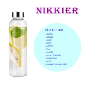 NIKKIER Clear Glass Bottles with Lids 6pcs Set 18oz,Reusable Glass Water Bottle with Stainless Steel Cap, 100% Leak Proof,Can be Used for Fruit Juice, Tea, Water, etc