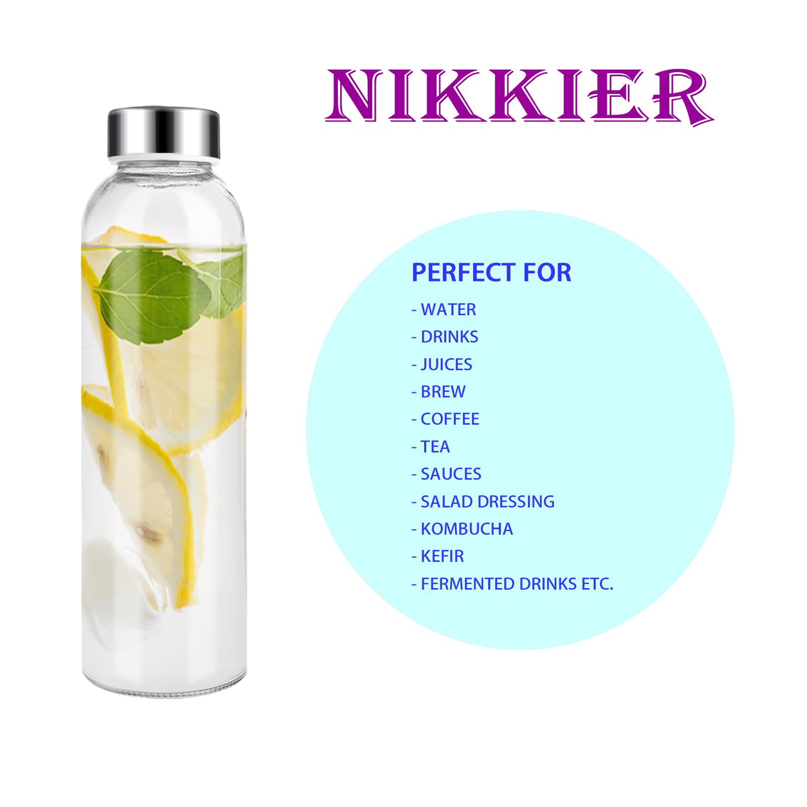 NIKKIER Clear Glass Bottles with Lids 6pcs Set 18oz,Reusable Glass Water Bottle with Stainless Steel Cap, 100% Leak Proof,Can be Used for Fruit Juice, Tea, Water, etc