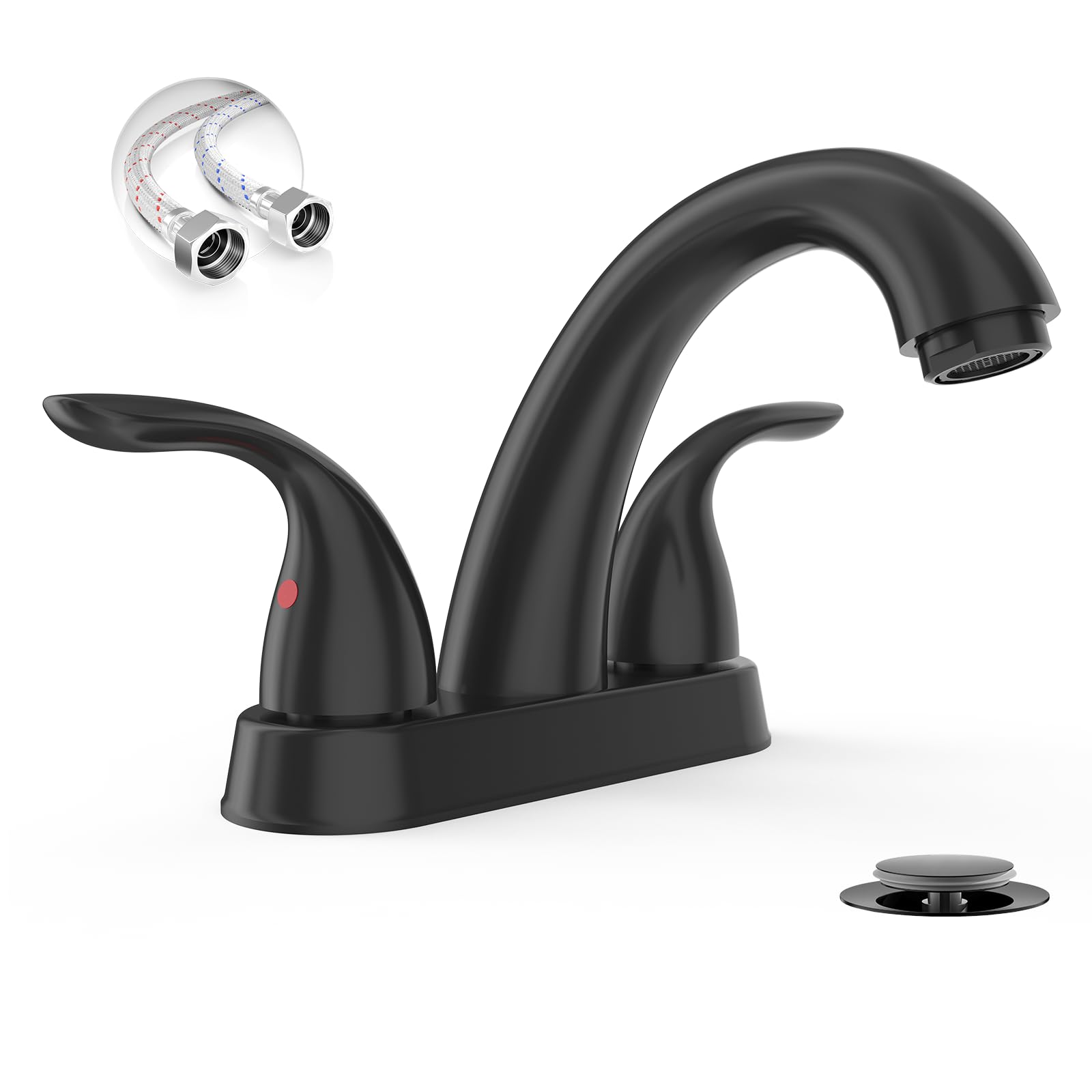 Phiestina Matte Black 4 Inch 2 Handles Centerset Bathroom Sink Faucet,2 or 3 Hole Modern ABS Plastic Bathroom Faucet,with Pop-Up Drain and Water Supply Lines, BF02008-K05-MB