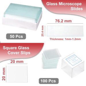 Microscope Slides Clear Glass 50 Pcs Pre-Cleaned Blank Microscope Slides Ground Edges 1" x 3" with 100pcs Pre-Cleaned 20mm x 20mm Microscope Cover Slips Glasses for Basic Biological Science Education