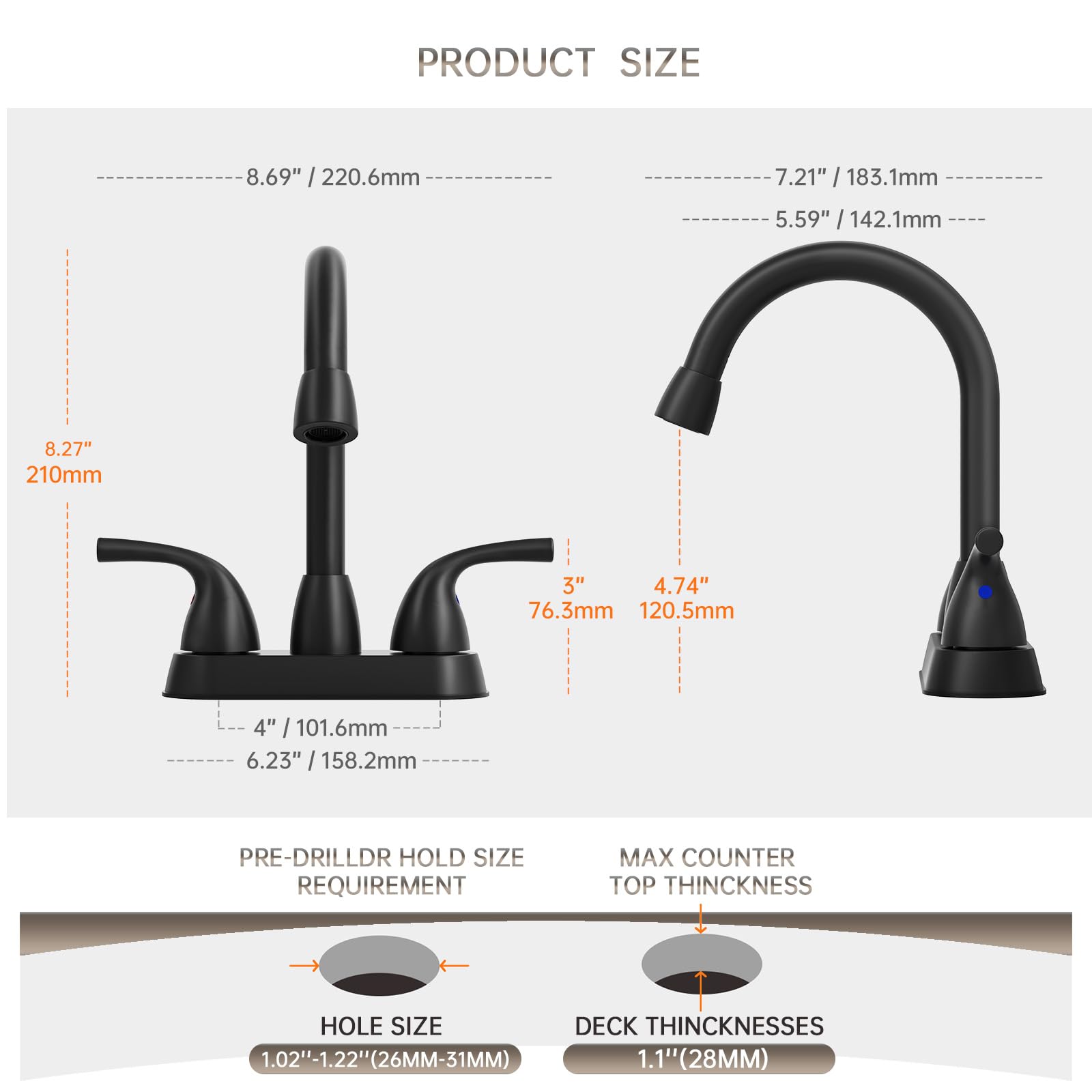 Phiestina Pull Down Sprayer Matte Black Bathroom Faucet，4 Inch Centerset 2 Handle Pull Out Bathroom Sink Faucet with 360 Swivel Spout，Metal Pop-Up Drain and Water Supply Lines，BF04007-B11-MB