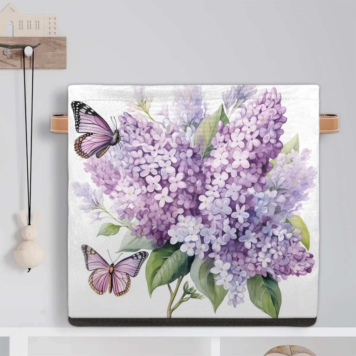 TULIMET Purple Hydrangea Butterfly 13 In Cube Storage Bin Fabric Storage Cubes Organizer with Handles, Foldable Decorative Cube Basket for Organizing, Clothes, Closet, Shelves