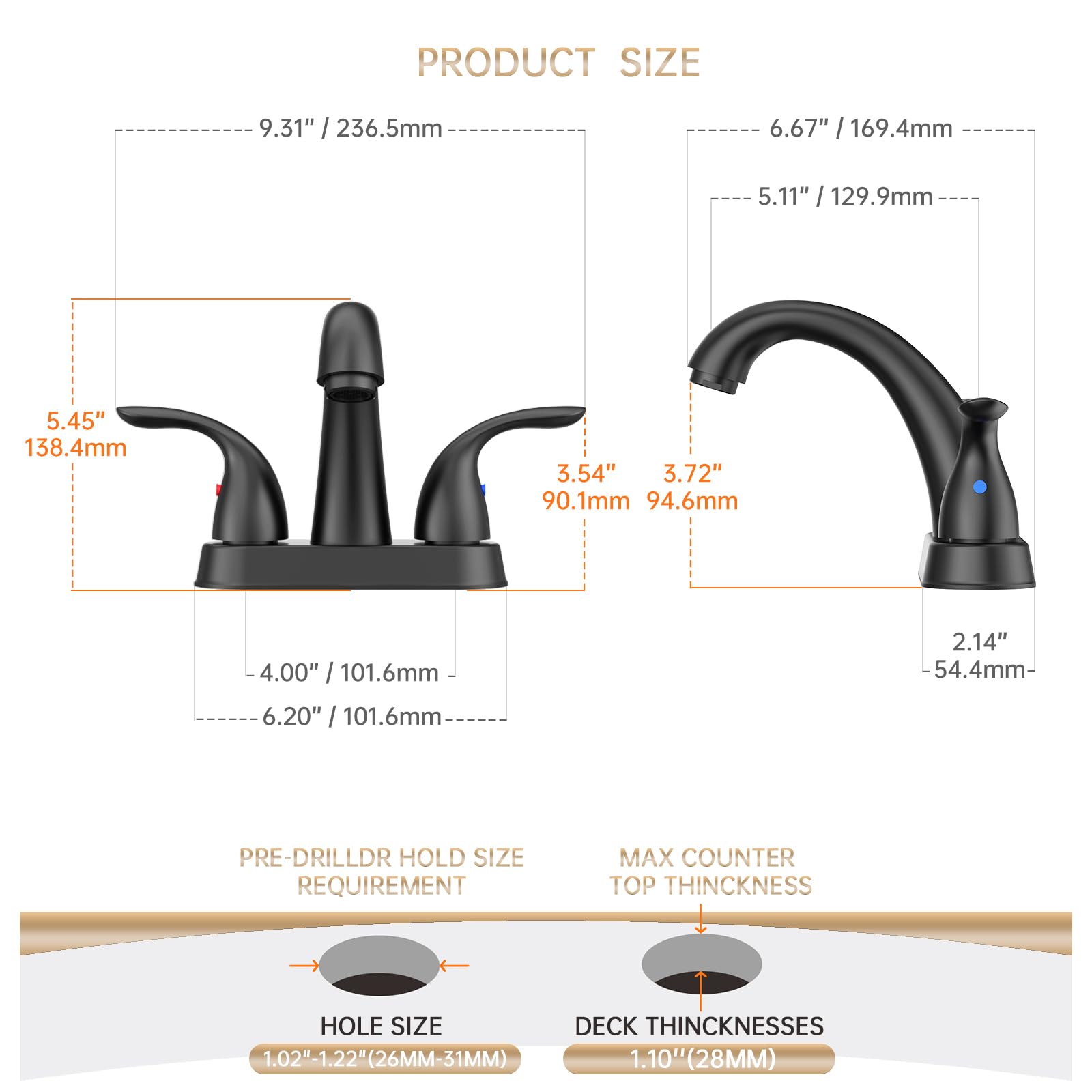 Phiestina Matte Black 4 Inch 2 Handles Centerset Bathroom Sink Faucet,2 or 3 Hole Modern ABS Plastic Bathroom Faucet,with Pop-Up Drain and Water Supply Lines, BF02008-K05-MB