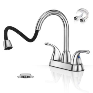 phiestina pull down sprayer chrome 4 inch bathroom faucet，3 hole centerset pull out bathroom sink faucet，with 360 swivel spout，metal pop-up drain and water supply lines，bf04007-b11-c