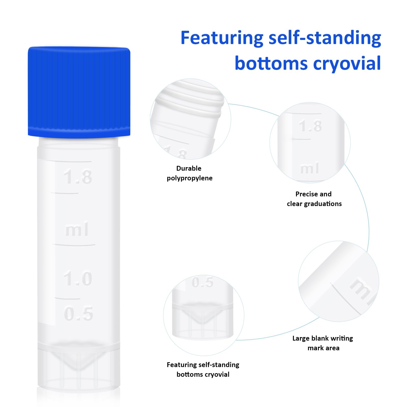 500pcs Sample Vials, 2ml Small Plastic vials w/Leak Proof Caps, Self-Stand Cryotubes Cryovial w/Scale & Writing Area, Cryogenic Vials for Low Temperature Storage