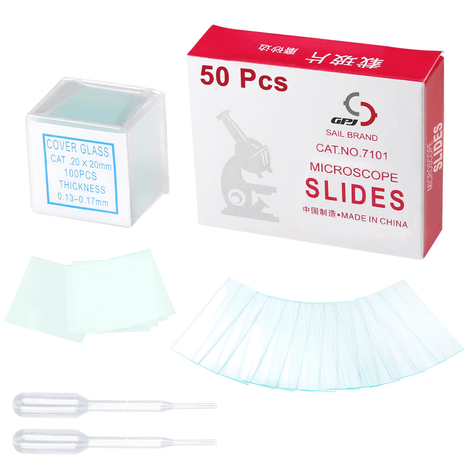 Microscope Slides Clear Glass 50 Pcs Pre-Cleaned Blank Microscope Slides Ground Edges 1" x 3" with 100pcs Pre-Cleaned 20mm x 20mm Microscope Cover Slips Glasses for Basic Biological Science Education