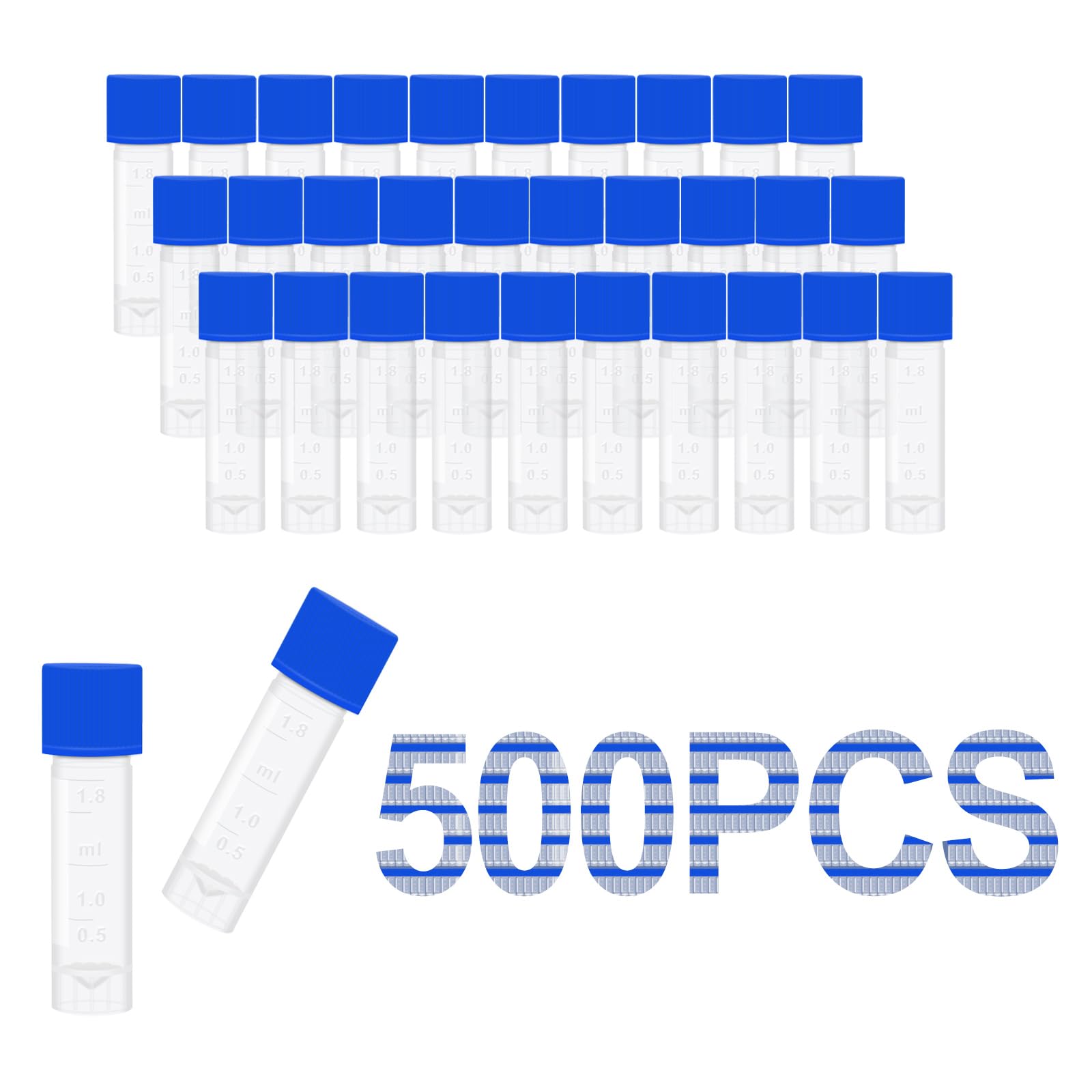 500pcs Sample Vials, 2ml Small Plastic vials w/Leak Proof Caps, Self-Stand Cryotubes Cryovial w/Scale & Writing Area, Cryogenic Vials for Low Temperature Storage