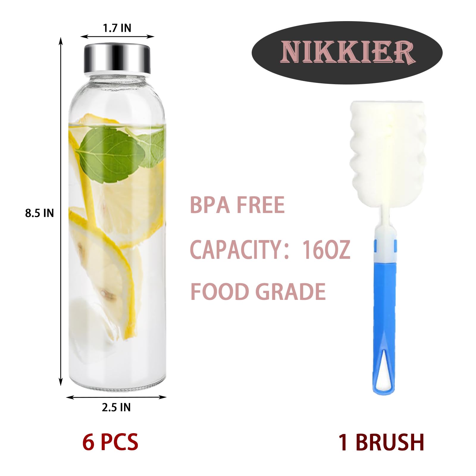 NIKKIER Clear Glass Bottles with Lids 6pcs Set 18oz,Reusable Glass Water Bottle with Stainless Steel Cap, 100% Leak Proof,Can be Used for Fruit Juice, Tea, Water, etc