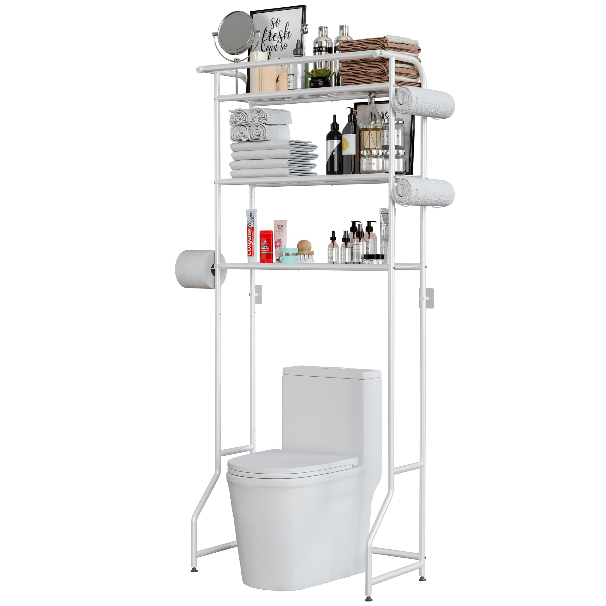 RightTech Over The Toilet Storage Rack with Toilet Paper Holder, Heavy Duty Metal 3 Tier Wall linkable Bathroom Organizer Shelf with 4 Hooks, White