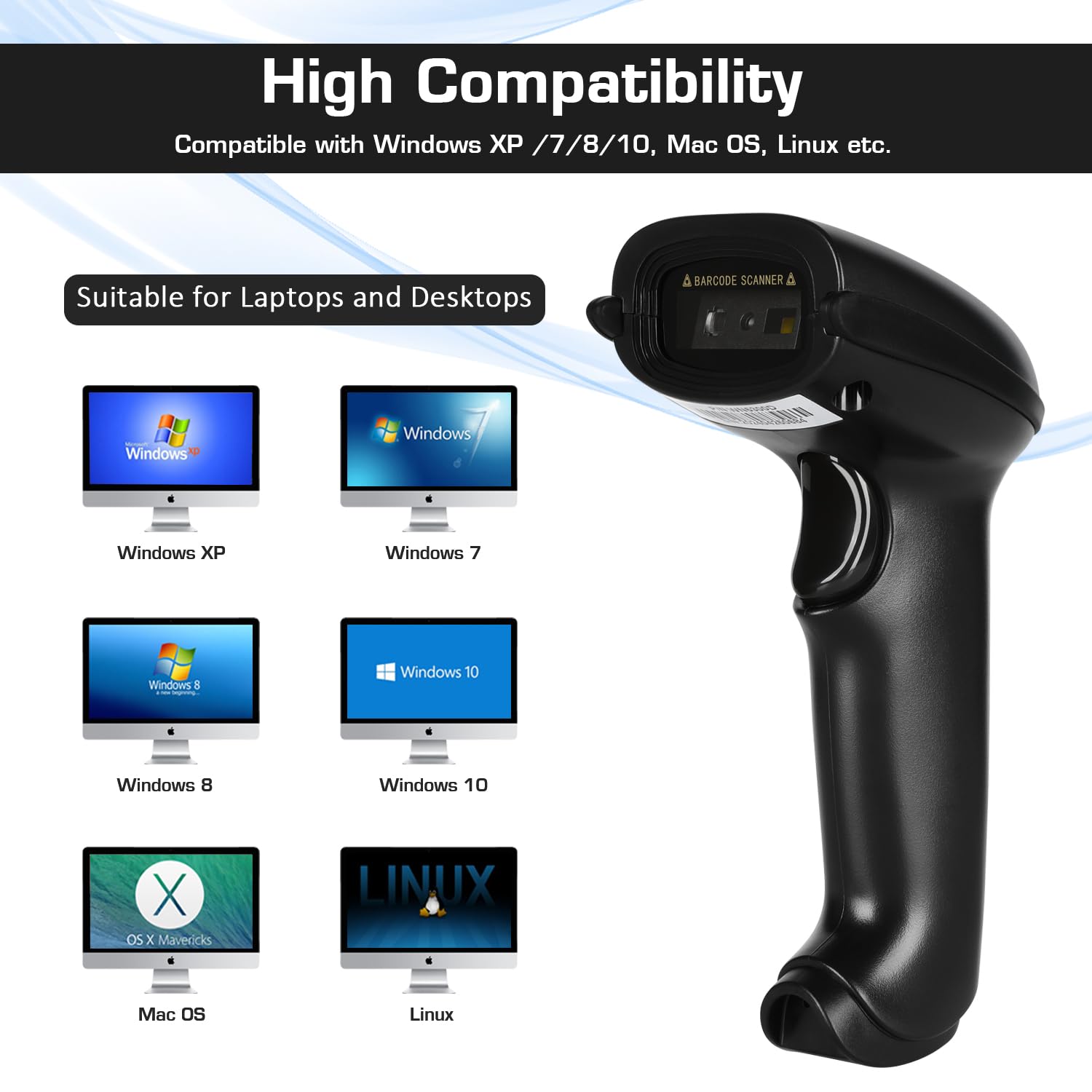 WoneNice USB Wired 1D 2D Barcode Scanner, Automatic Square QR Code Scanner for Computer POS Screen Scaning, Handheld CMOS Image Bar Code Reader for Retail Store Warehouse Library Supermarket, Black