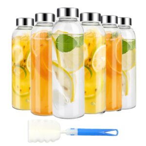 nikkier clear glass bottles with lids 6pcs set 18oz,reusable glass water bottle with stainless steel cap, 100% leak proof,can be used for fruit juice, tea, water, etc