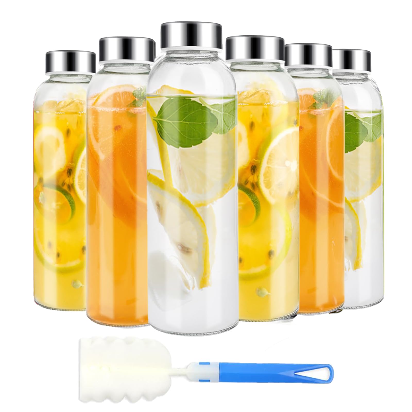 NIKKIER Clear Glass Bottles with Lids 6pcs Set 18oz,Reusable Glass Water Bottle with Stainless Steel Cap, 100% Leak Proof,Can be Used for Fruit Juice, Tea, Water, etc