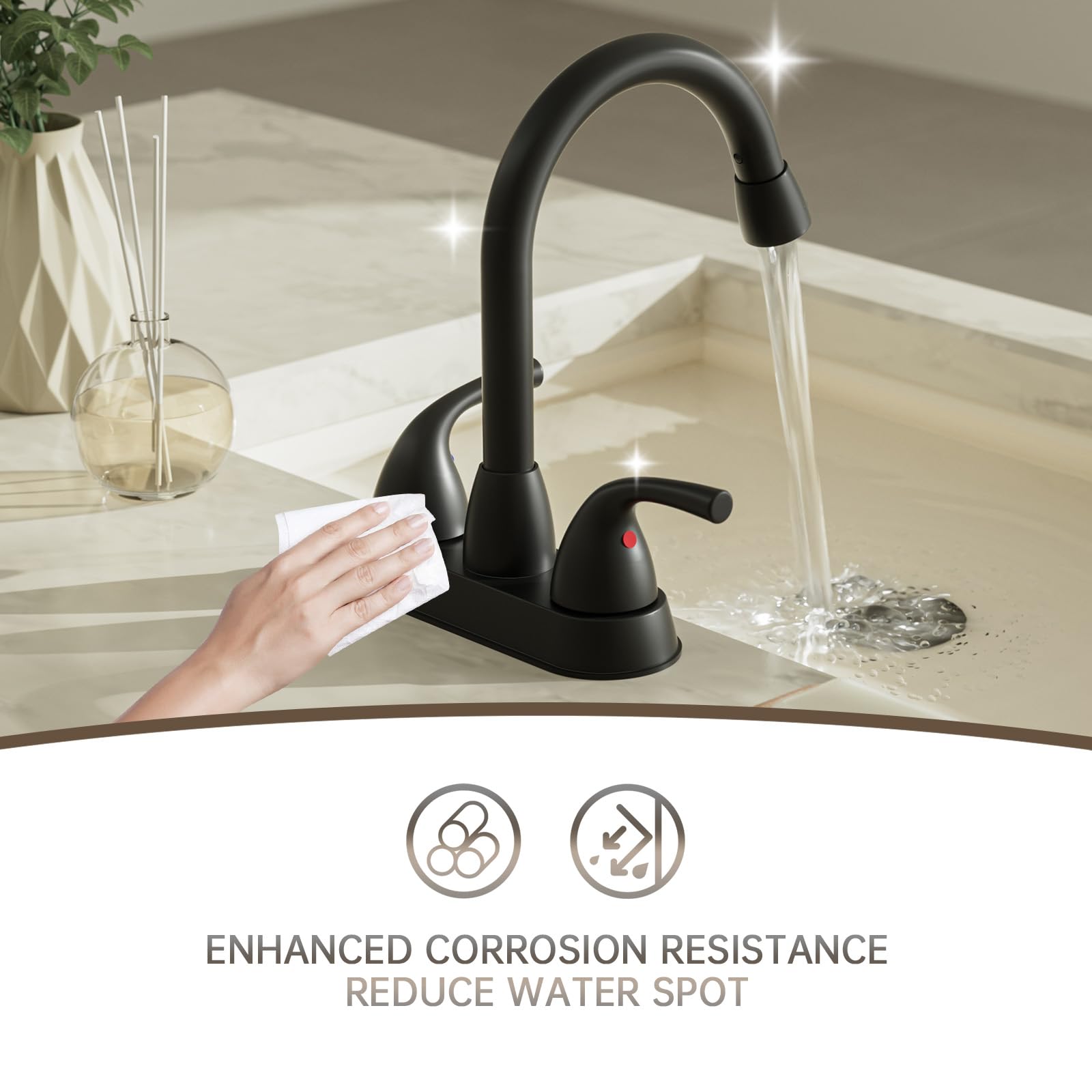 Phiestina Pull Down Sprayer Matte Black Bathroom Faucet，4 Inch Centerset 2 Handle Pull Out Bathroom Sink Faucet with 360 Swivel Spout，Metal Pop-Up Drain and Water Supply Lines，BF04007-B11-MB