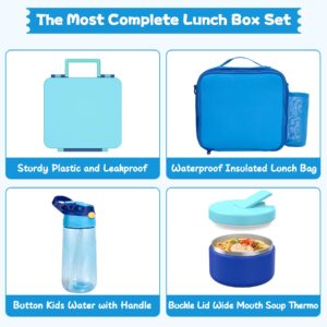 Kids Bento Lunch Box with 8oz Soup Thermo, Water Bottle, Kids Leakproof Lunch Food Containers with 4 Compartment, Kids Insulated Hot Food Jar with Lunch Bag for School, Trvael (Blue)