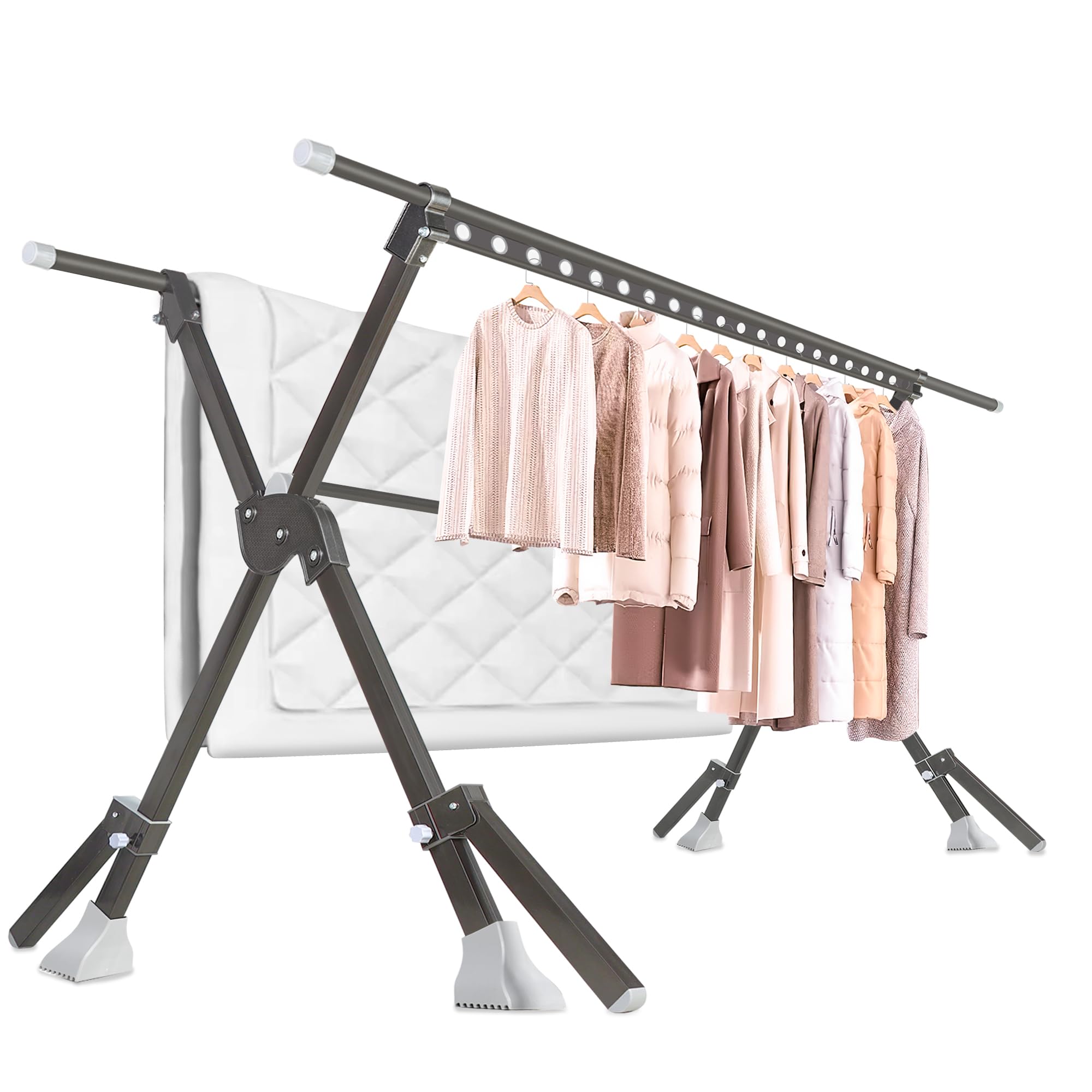 REAMIC 91 inches Folding Clothes Drying Rack Length Adjustable Laundry Clothes Drying Racks Indoor Outdoor Free Installed Collapsible Heavy Duty Foldable Drying Rack with 42 Windproof Hooks