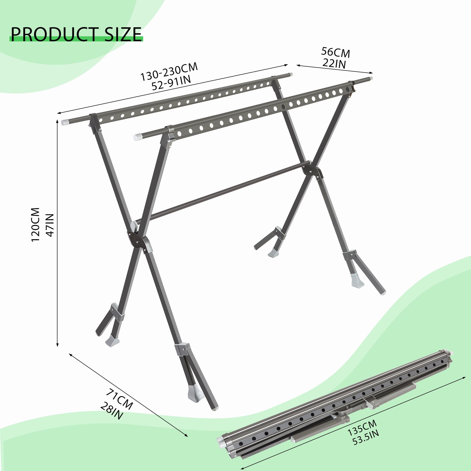 REAMIC 91 inches Folding Clothes Drying Rack Length Adjustable Laundry Clothes Drying Racks Indoor Outdoor Free Installed Collapsible Heavy Duty Foldable Drying Rack with 42 Windproof Hooks