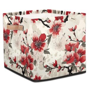 tulimet cherry blossom red pink floral 13 in cube storage bin fabric storage cubes organizer with handles, foldable decorative cube basket for organizing, clothes, closet, shelves