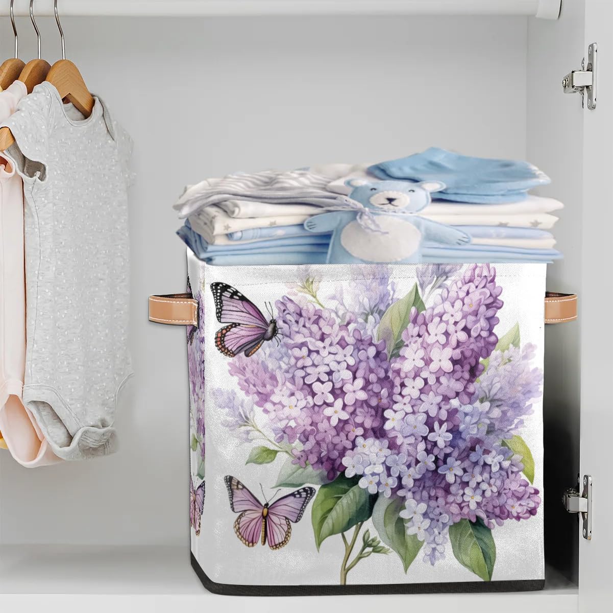 TULIMET Purple Hydrangea Butterfly 13 In Cube Storage Bin Fabric Storage Cubes Organizer with Handles, Foldable Decorative Cube Basket for Organizing, Clothes, Closet, Shelves