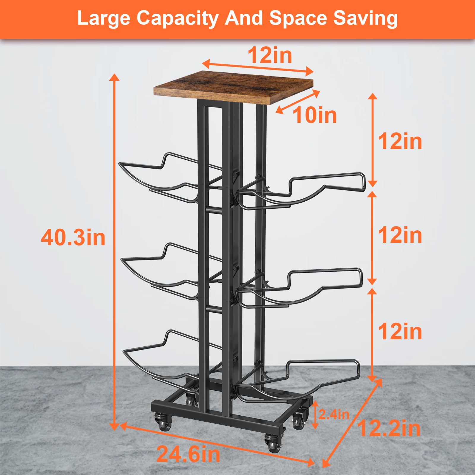 5 Gallon Water Jug Holder,3 Tier Foldable Heavy Duty Water Jug Stand Water Bottle Holder Organizer with Lockable Casters Water Dispenser Stand Rack with Removable Wood Top Shelf for 6 Bottles