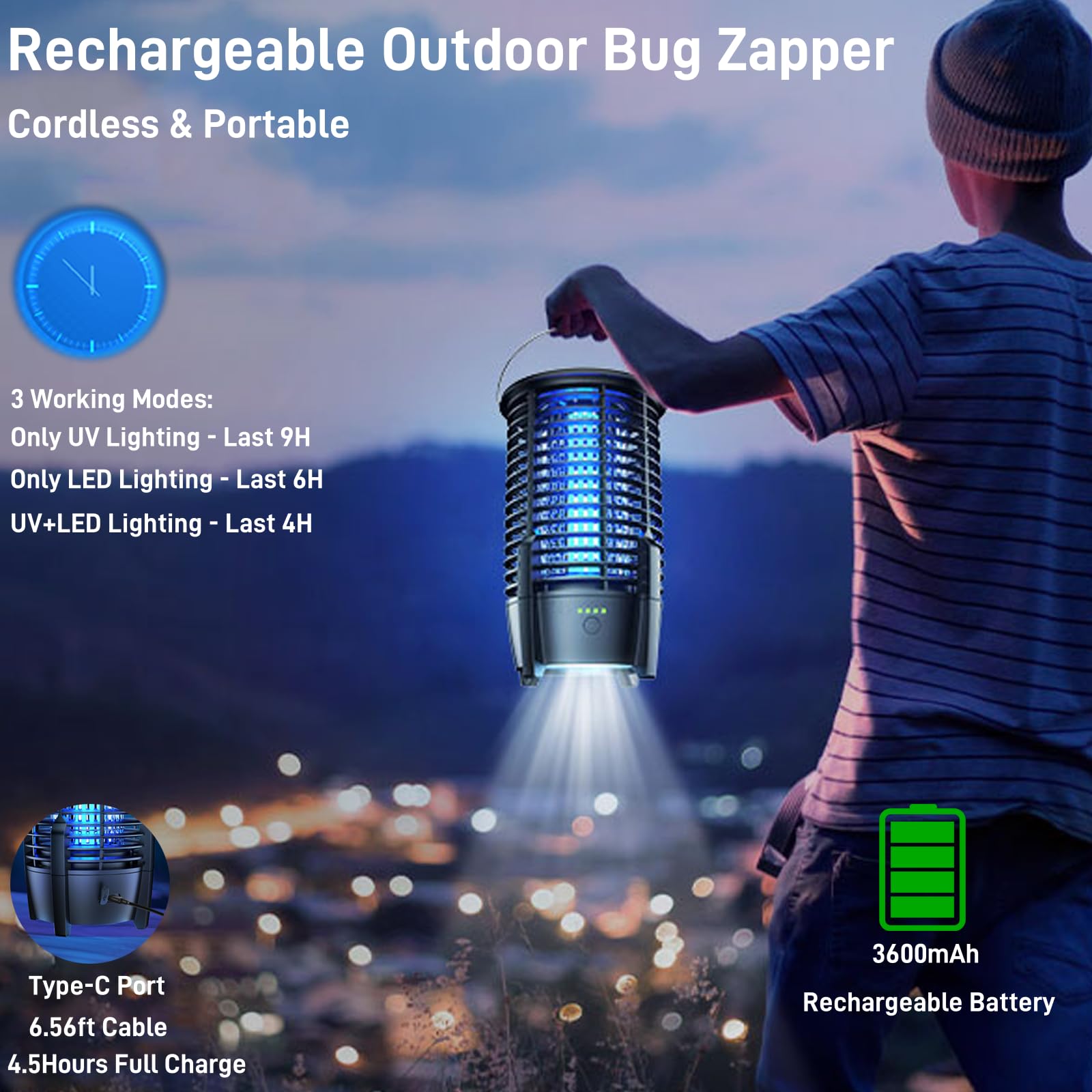 Rechargeable Bug Zapper Outdoor, Mosquito Zapper Rechargeable, Cordless Bug Zapper Outdoor with LED Light and 3600mAh Battery, Bug Zapper Light, Mosquito Killer for Camping Patio Backyard Garden