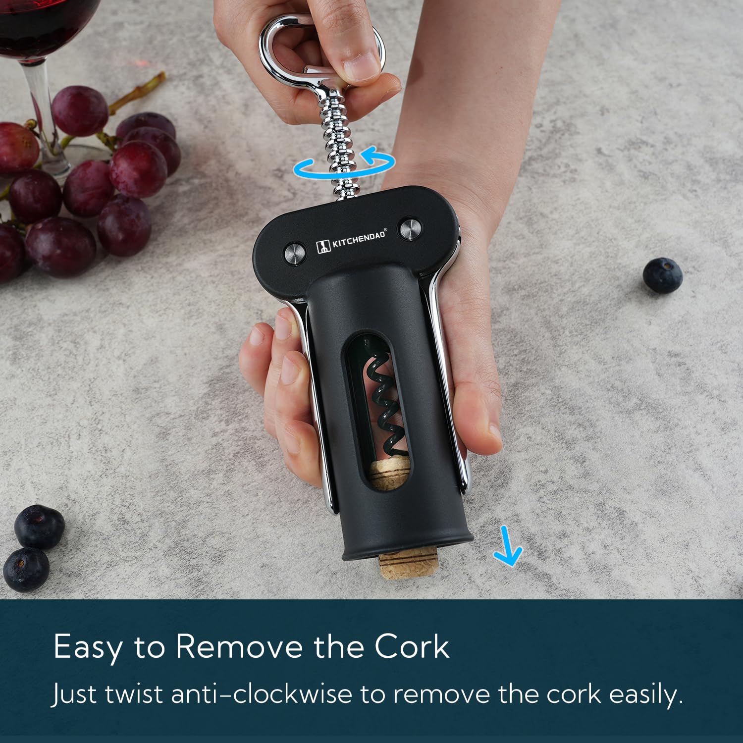 KITCHENDAO 3 in 1 Wing Corkscrew Wine Bottle Opener with Foil Cutter, Built-in Beer Bottle Opener, Multifunctional Wine Opener with Non-Stick Sharp Screw,Easy to Use, Manual Wine Corkscrew，Black