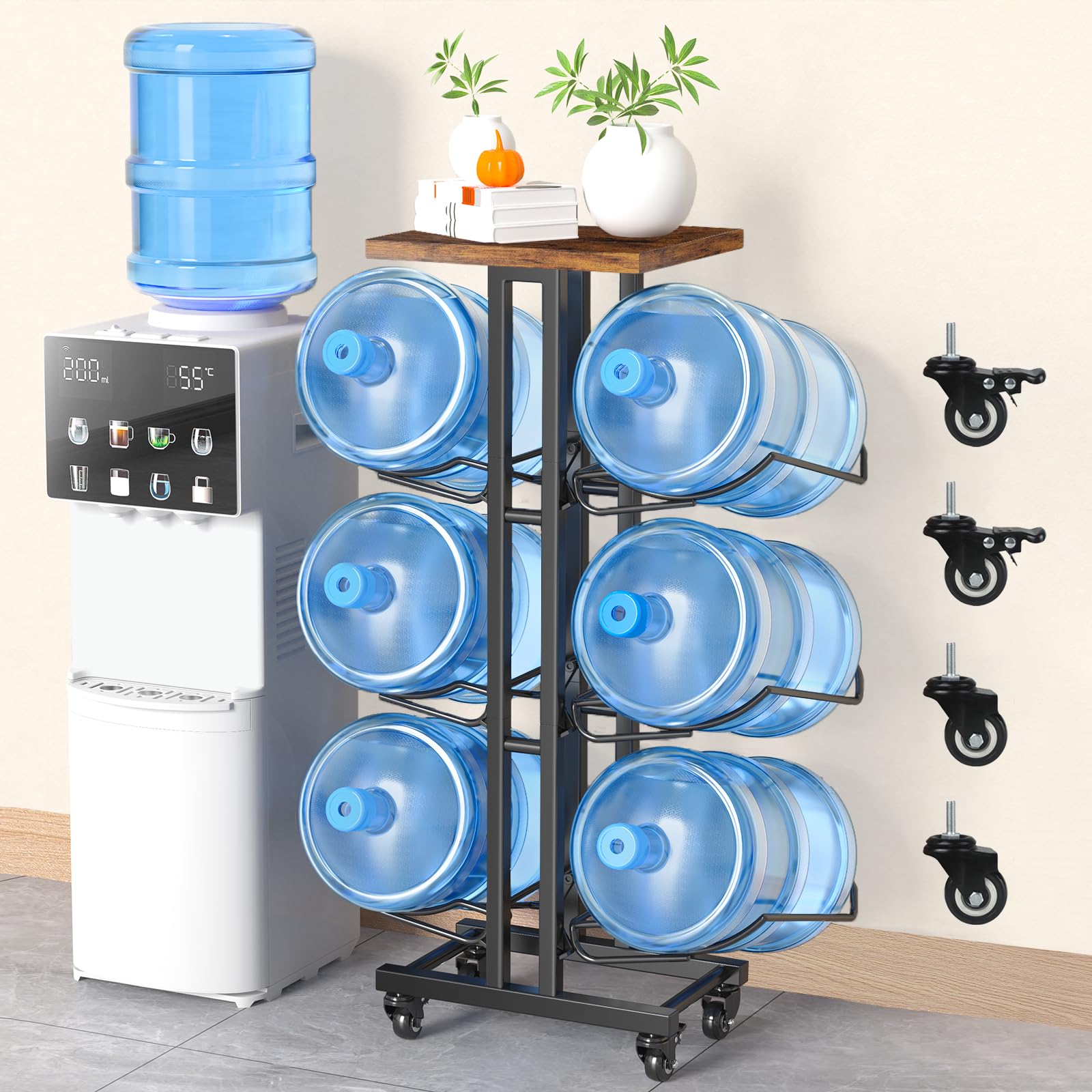 5 Gallon Water Jug Holder,3 Tier Foldable Heavy Duty Water Jug Stand Water Bottle Holder Organizer with Lockable Casters Water Dispenser Stand Rack with Removable Wood Top Shelf for 6 Bottles