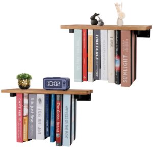 floating wooden bookshelves for wall, elastic bands hanging book holder, book handmade storage organizer, burlywood bookshelf with metal brackets wall mount, 2-pack