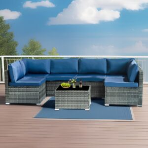 generic 7-piece patio furniture set wicker sectional outdoor sofa set with coffee table and pillows, all weather assembled patio furniture for apartment, garden, backyard and poolside (grey-blue)