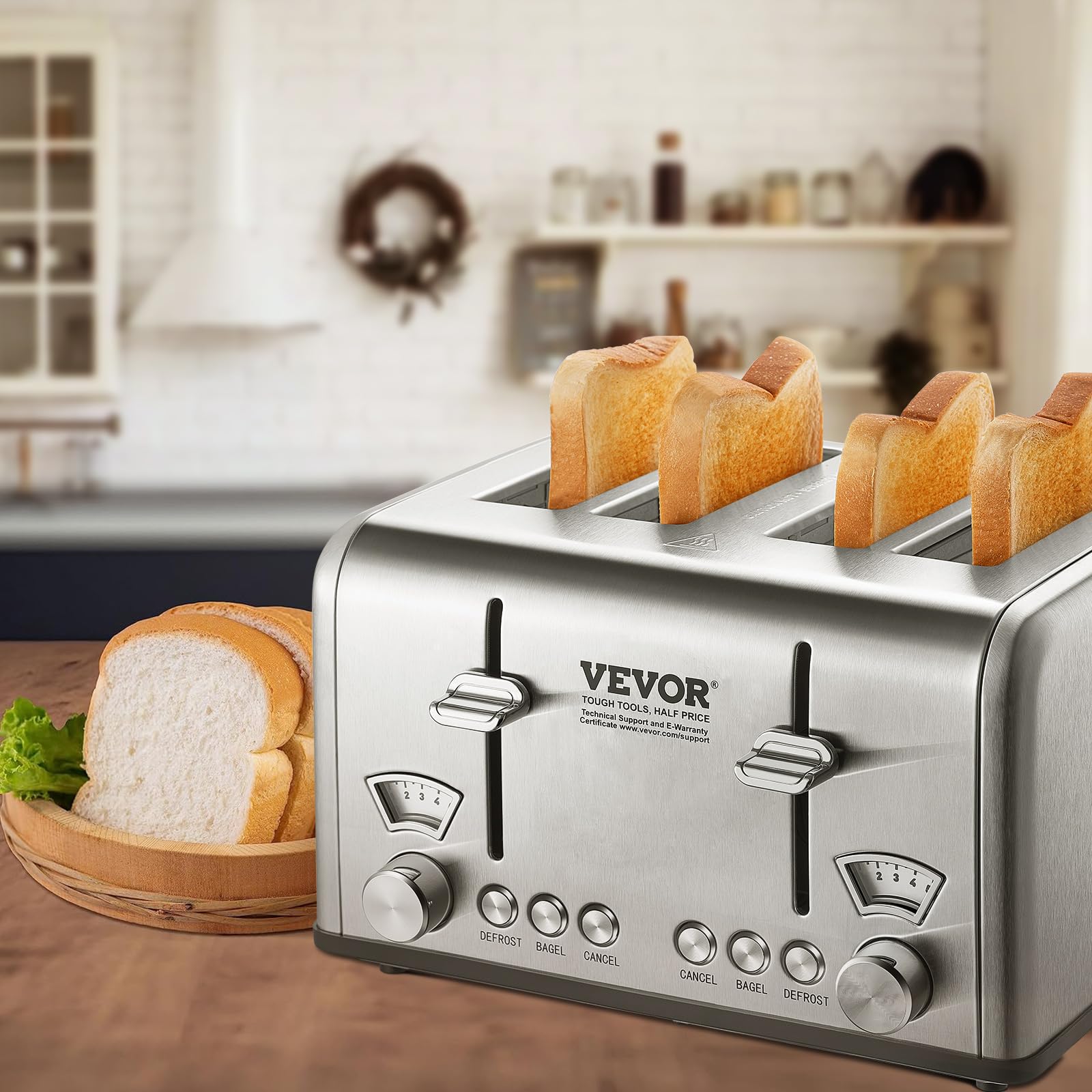 VEVOR Retro Stainless Steel Toaster, 4 Slice, 1625W 1.5'' Extra Wide Slots Toaster with Removable Crumb Tray 6 Browning Level, Reheat Cancel Defrost and Bagel Functions for Toasting Bread Bagel Waffle