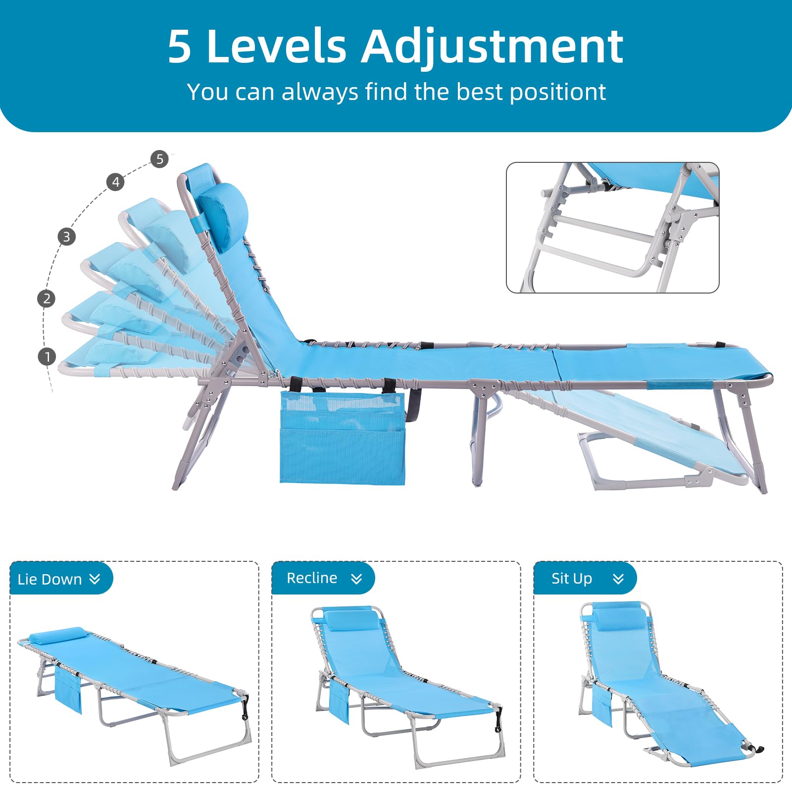 Tanning Chair for Adults with Face Hole - Versatile, Folding Chaise Lounge Chair for Outside Pool, Beach, Sunbathing and Reading on Stomach - Heavy Duty, Foldable Laying Out Chair for Tanning (Blue)